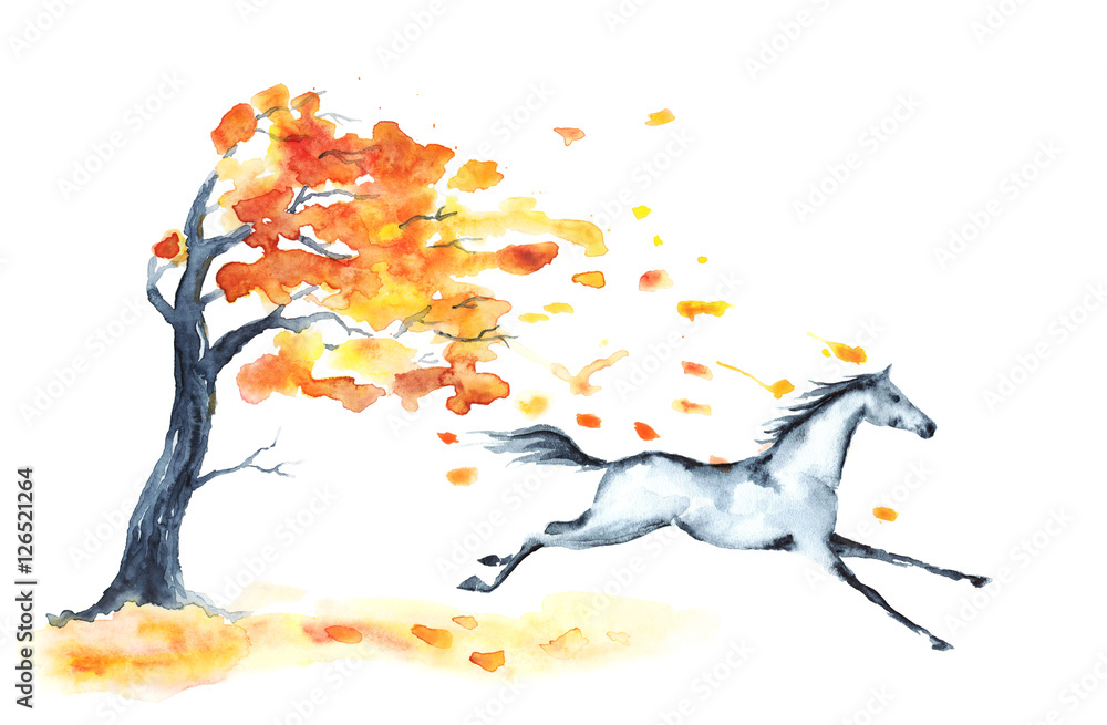 Watercolor autumn tree with red leaves and grey galloping horse on ...