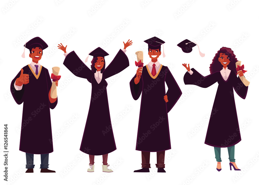 Set of black students in traditional caps and gowns celebrating ...