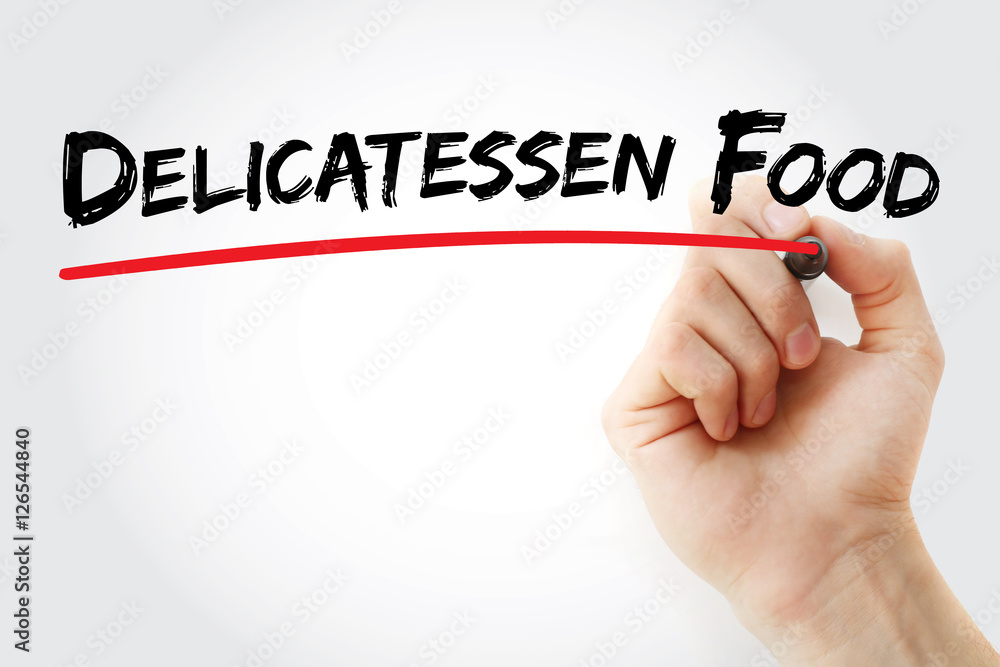 Hand writing Delicatessen food with marker, concept background Stock ...