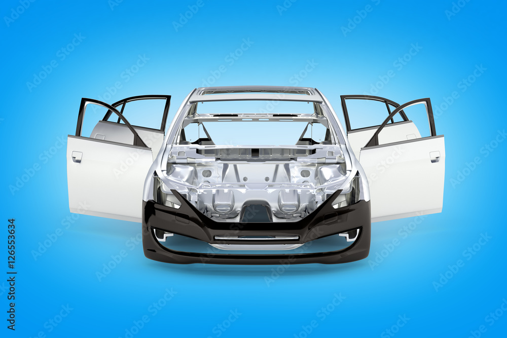 Illustrazione Stock body car with no wheel front view on blue gradient ...