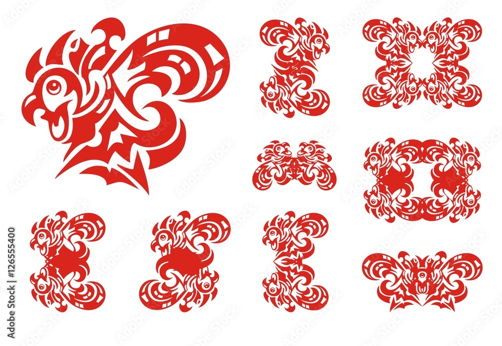 Red rooster symbols isolated on the white. Tribal flaming double cock ...