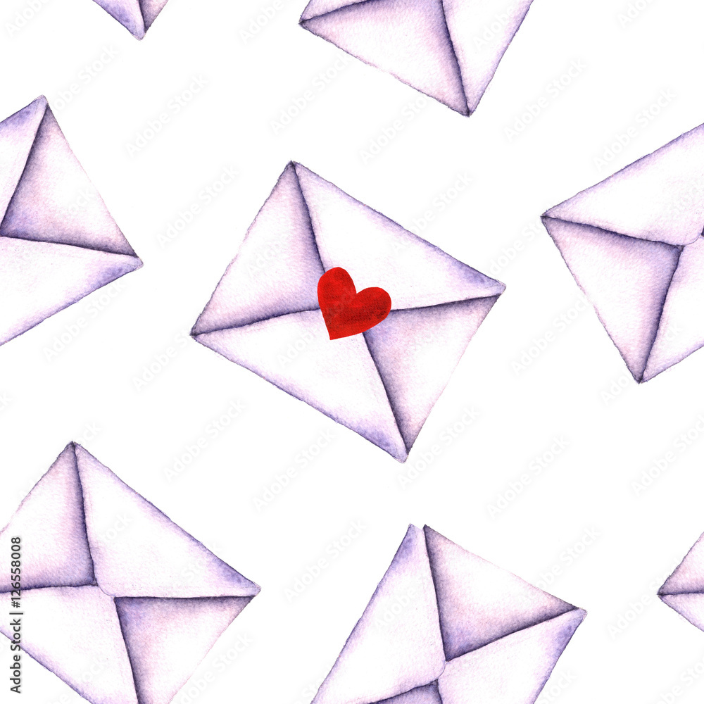 Seampless pattern with love letters in an envelope painted in ...