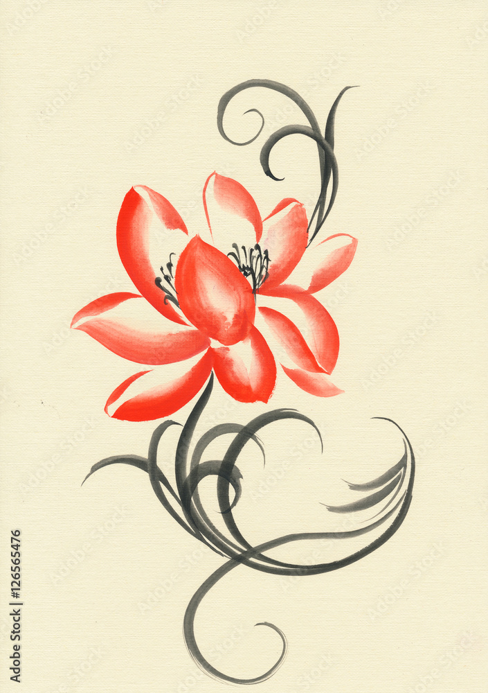 Red Lotus flower watercolor painting on a rice paper, original art ...