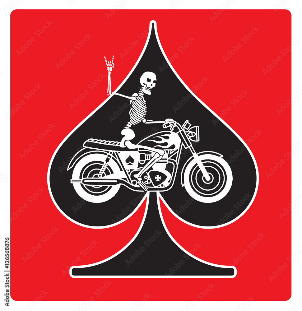 Vector logo or badge featuring a skeleton riding a vintage motorcycle ...