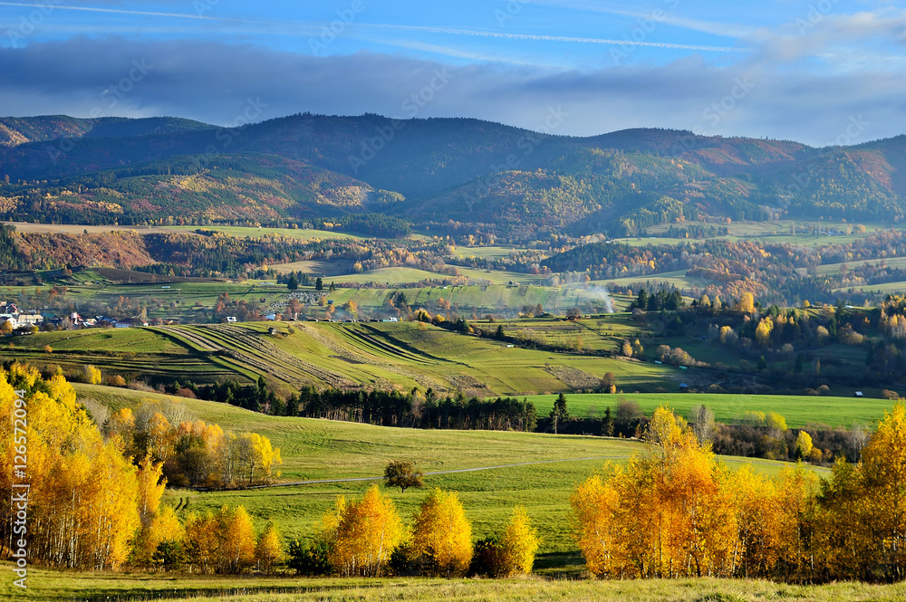 Fall in Slovakia. Meadows and fields landscape. Autumn color trees ...