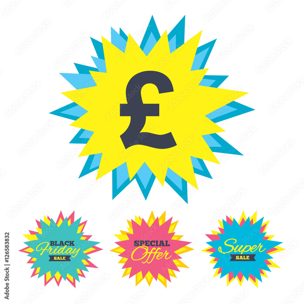Sale stickers and banners. Pound sign icon. GBP currency symbol. Money ...