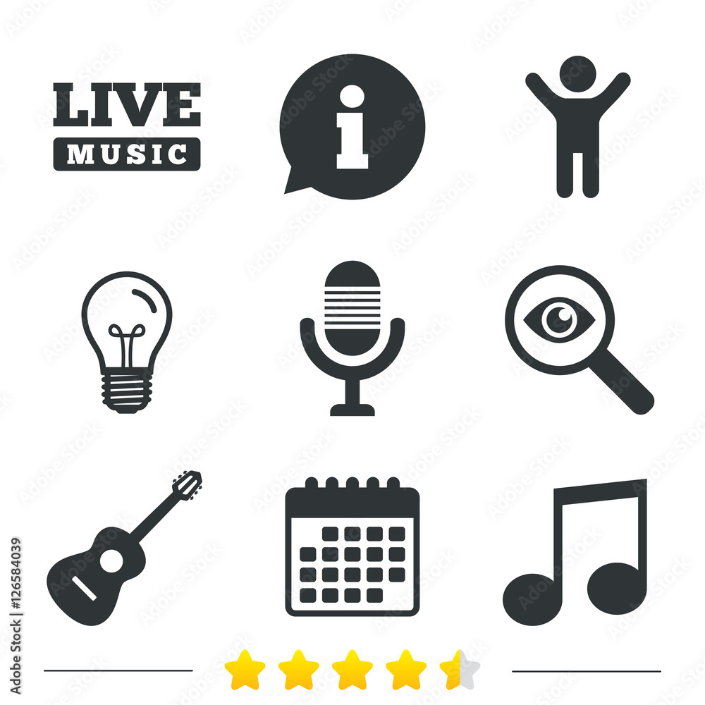 Musical elements icons. Microphone and Live music symbols. Music note ...
