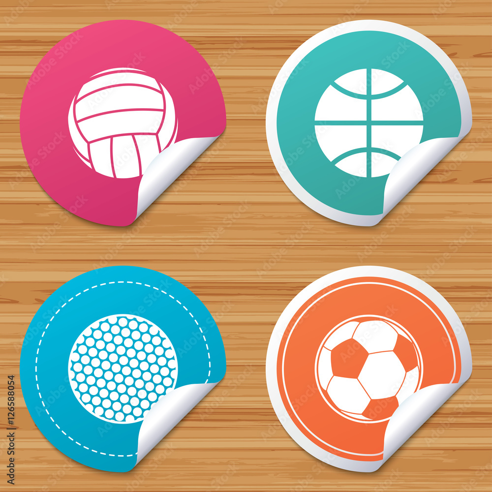 Round stickers or website banners. Sport balls icons. Volleyball ...