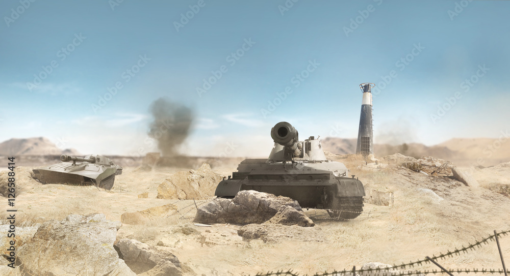 Desert war tanks battle scene with explosions, barbed wire & ruins ...