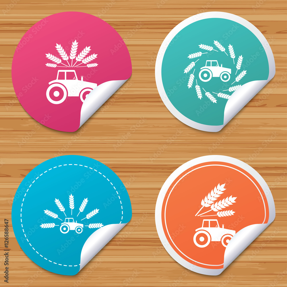 Round stickers or website banners. Tractor icons. Wreath of Wheat corn ...