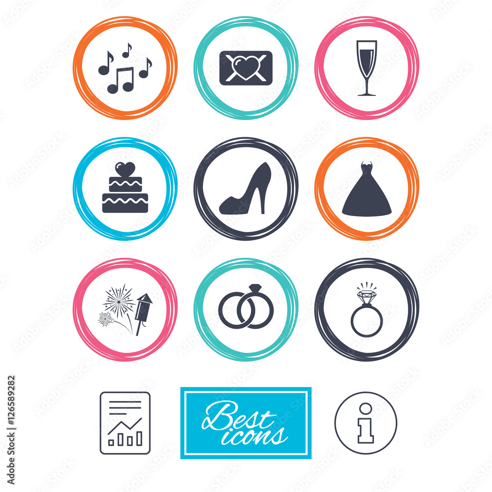 Wedding, engagement icons. Cake with heart, gift box and vow love ...