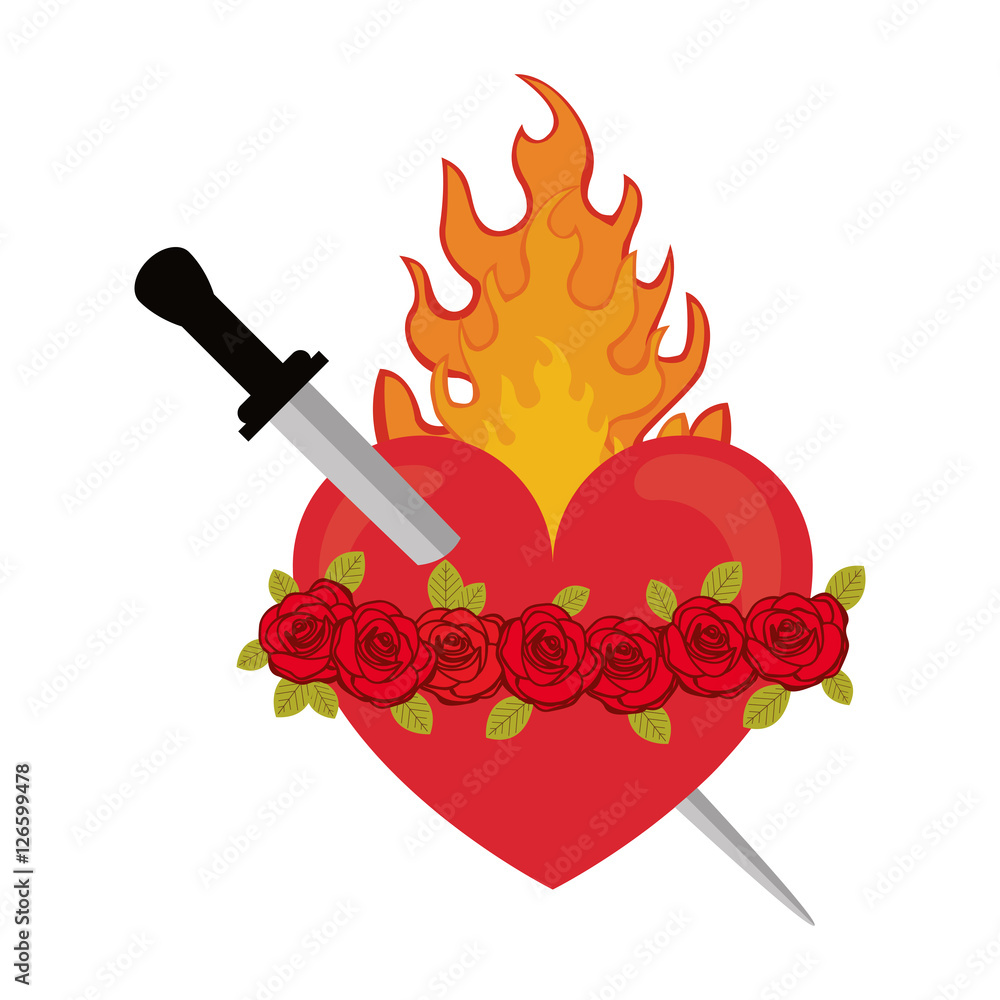 red heart with roses and fire flame icon over white background. sacred ...