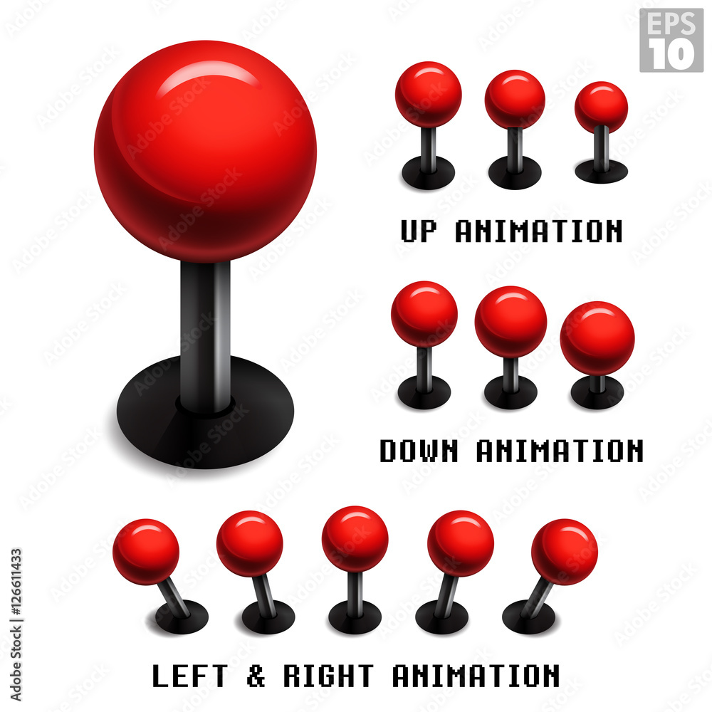 Classic red arcade game joystick with animated stills in up, down, left ...