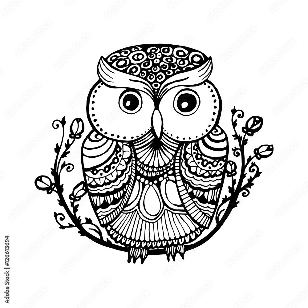 Zentangle style owl. Isolated illustration with ornanets fill for adult ...
