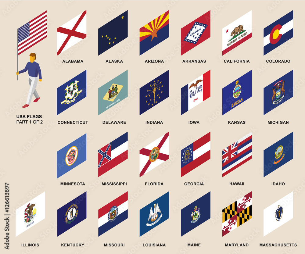 Isometric 3d USA standard bearer. With set of states flags of 25 ...
