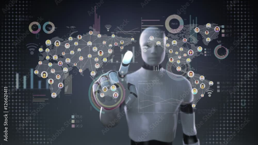 Robot cyborg touching connected people, using communication technology ...