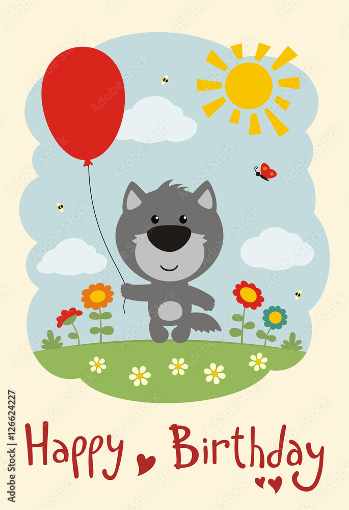 Happy birthday! Funny wolf with balloon on flower meadow. Card in ...