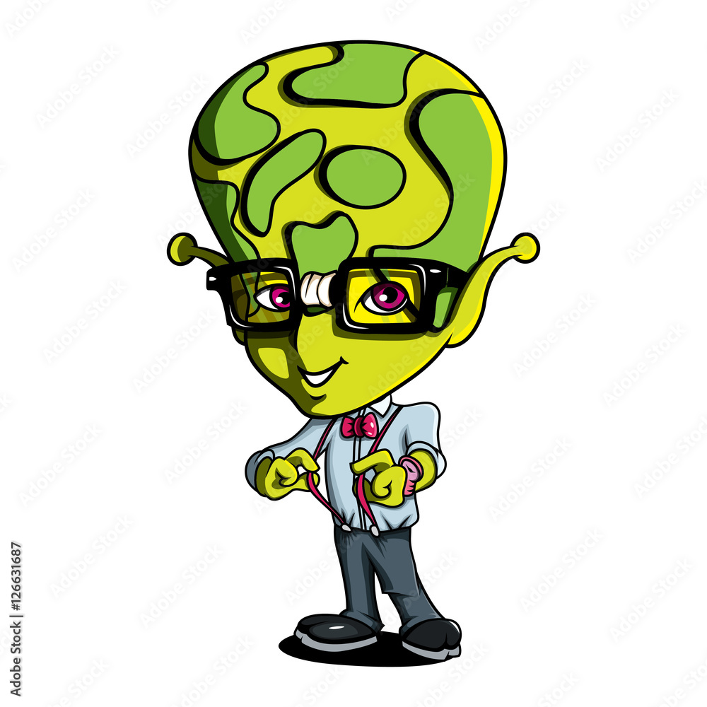 Funny Geek Nerd Cute Cartoon Alien Green Humanoid Creature Character ...