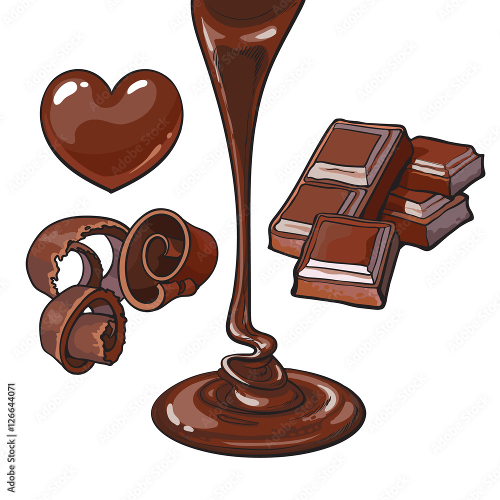 Set of chocolate - heart shaped candy, shaving, bar and liquid, sketch ...