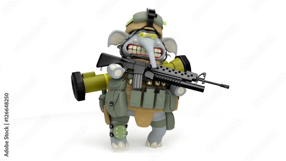 Cartoon elephant soldier walks with rifle and grenade launcher. Comical ...