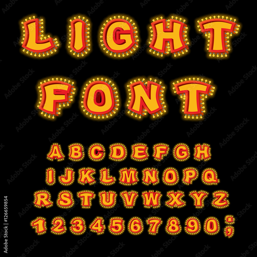 Light font. Retro Alphabet with lamps. Glowing letters. ABC poin Stock ...