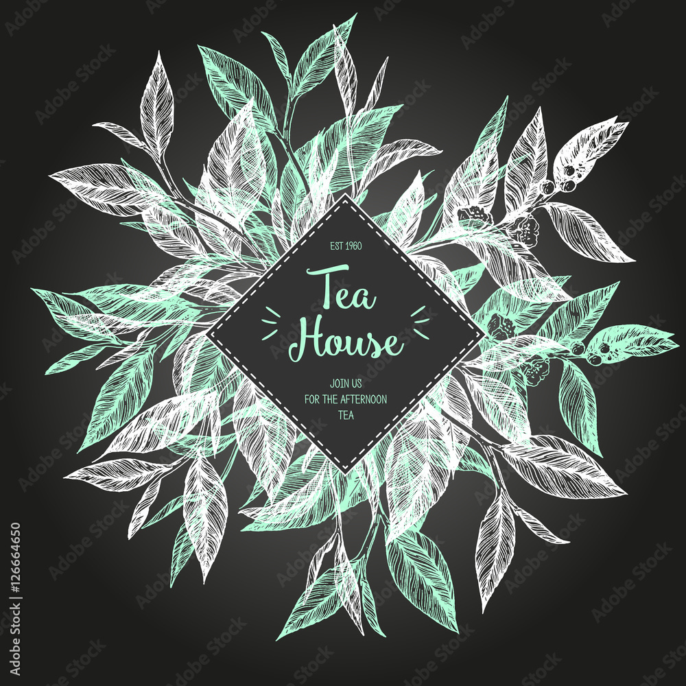 Concept tea vector illustration. Tea leaves frame illustration. Menu ...