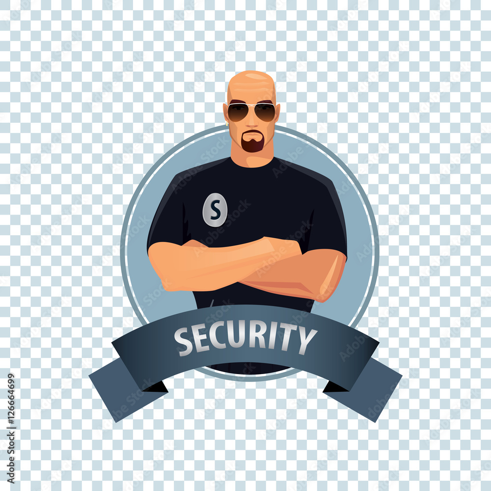 Isolate round icon on white background with security guard, bald man of ...