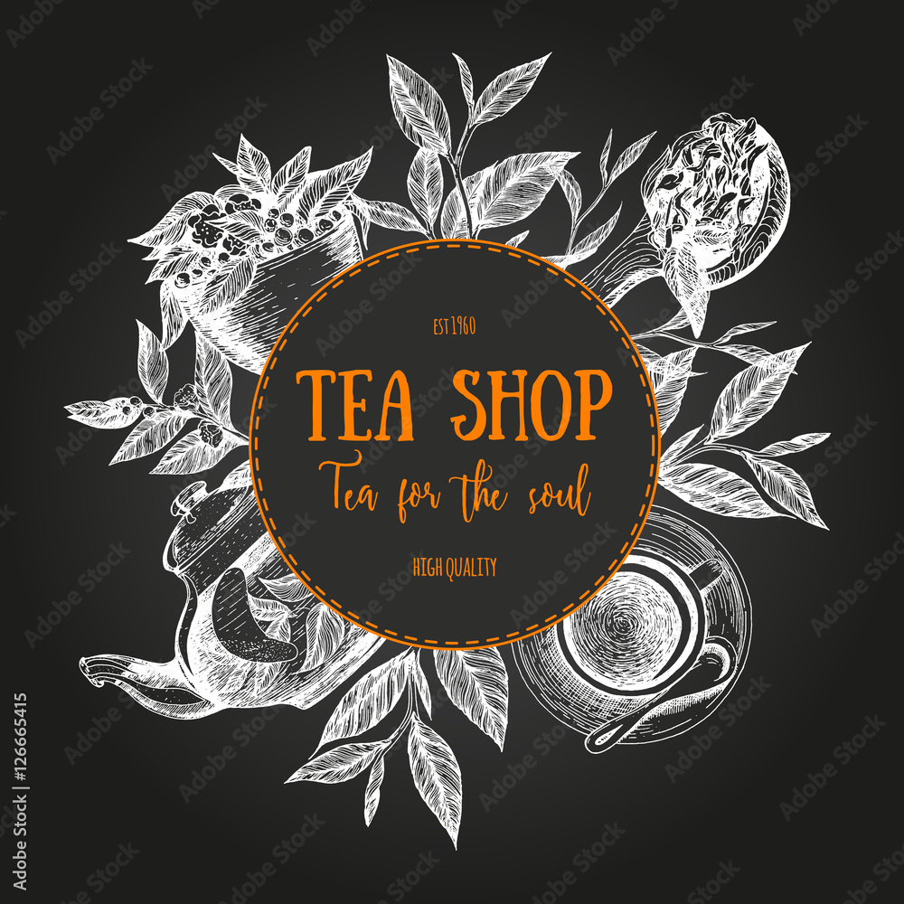 Vector tea shop illustration. Tea circle frame illustration. Menu label ...