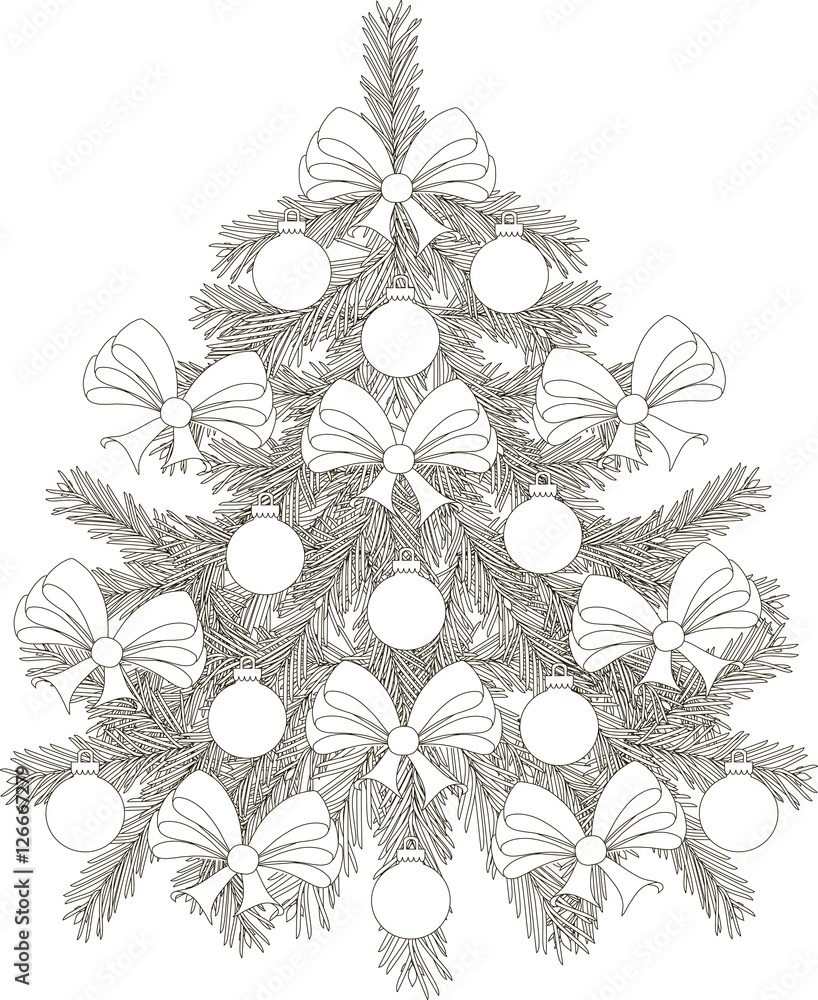 Hand drawn black and white sketch Christmas tree, vector illustration ...