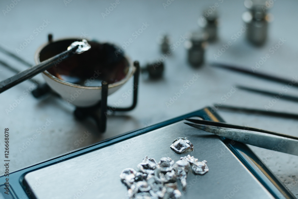Jewelry tools. Jewellery. Goldsmith workplace, workspace on light ...
