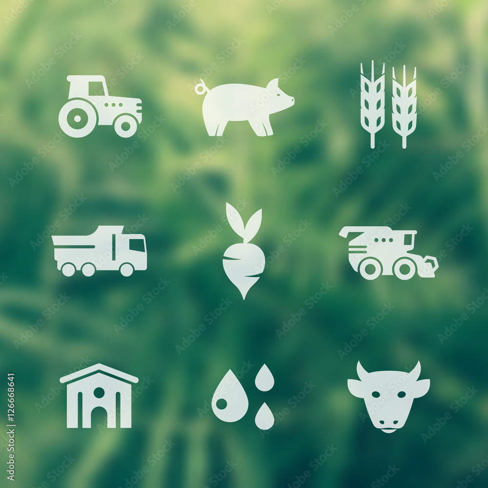 Agriculture, farming icons, harvest, cattle, pigs, hangar, agrimotor ...