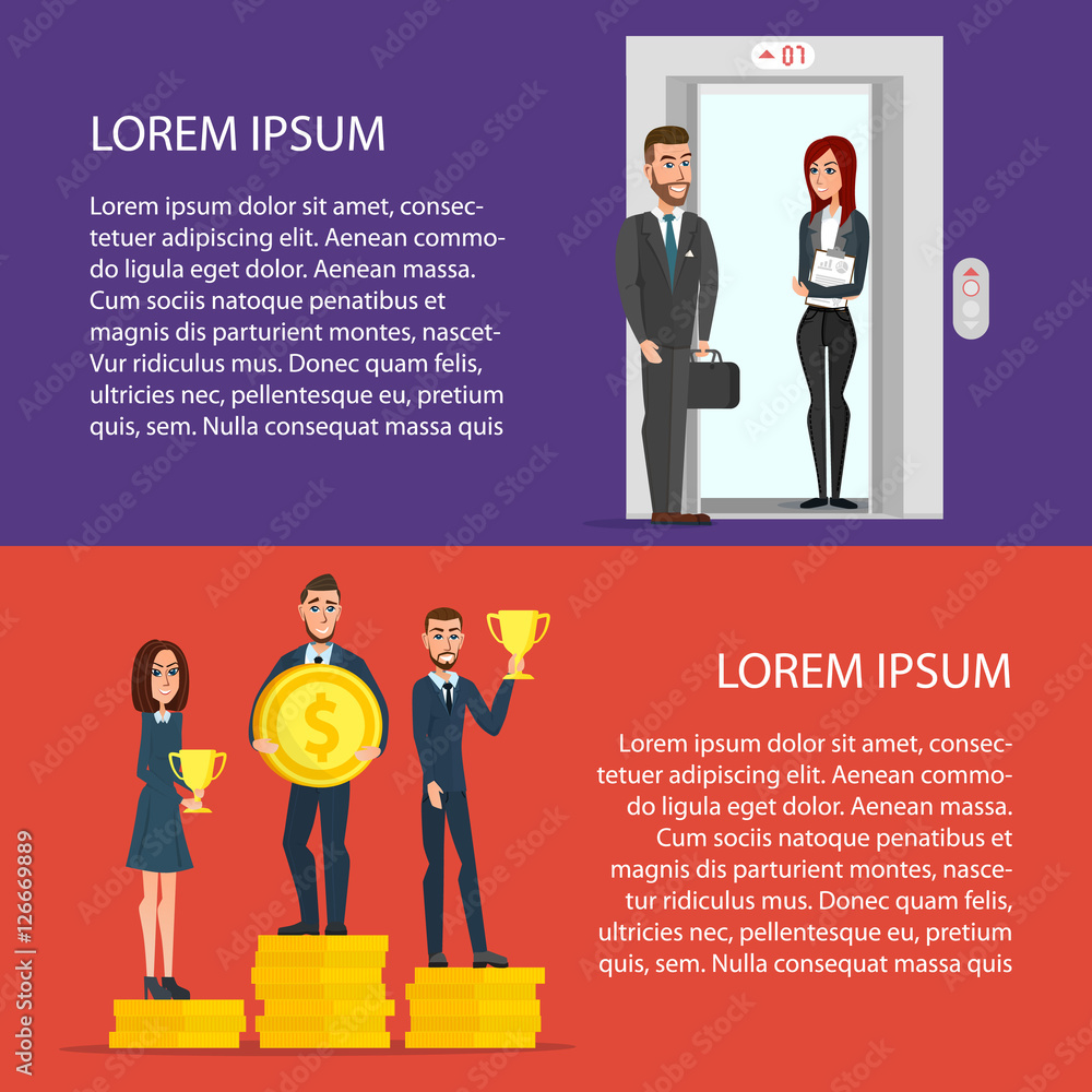 Businessmen get golden trophy. Workers raised in the elevator to the ...