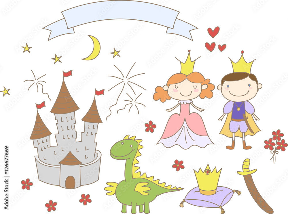 Hand drawn kingdom set with prince, princess, dragon, castle and ribbon ...