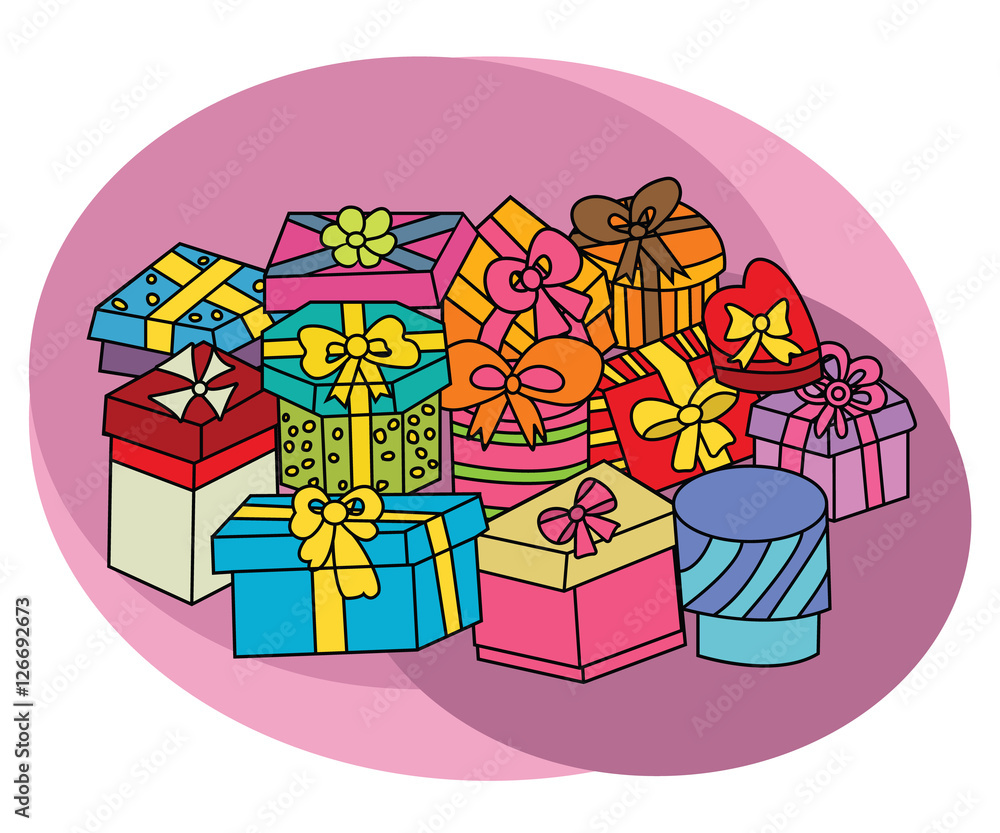 Birthday gift boxes design set. Cartoon free hand draw doodle vector ...