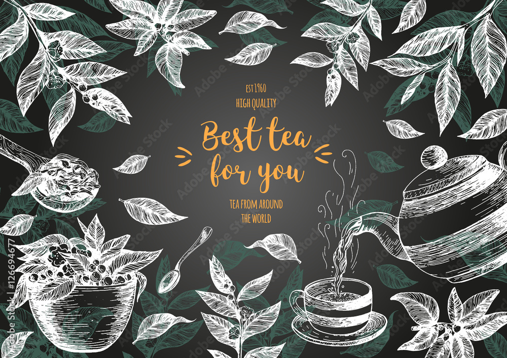 Tea Shop vector illustration. Vector card design with tea. Tea house ...