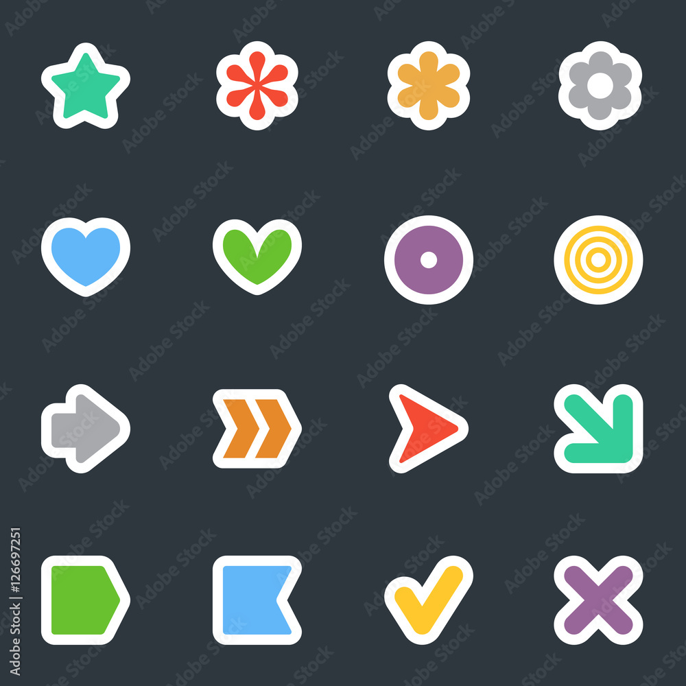 Simple common vector stickers icon set on dark background. Flat style ...