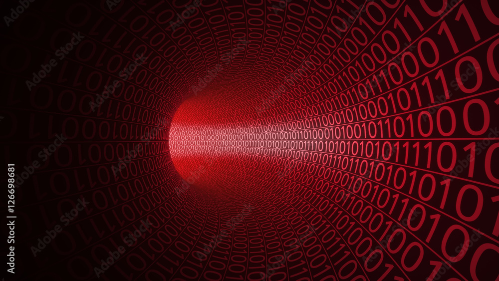 Flight through abstract red tunnel made with zeros and ones. Modern background. Danger, threat ...