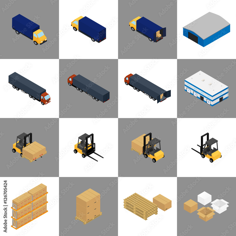 Vector illustration. Set of isometric icons storage, packaging and ...