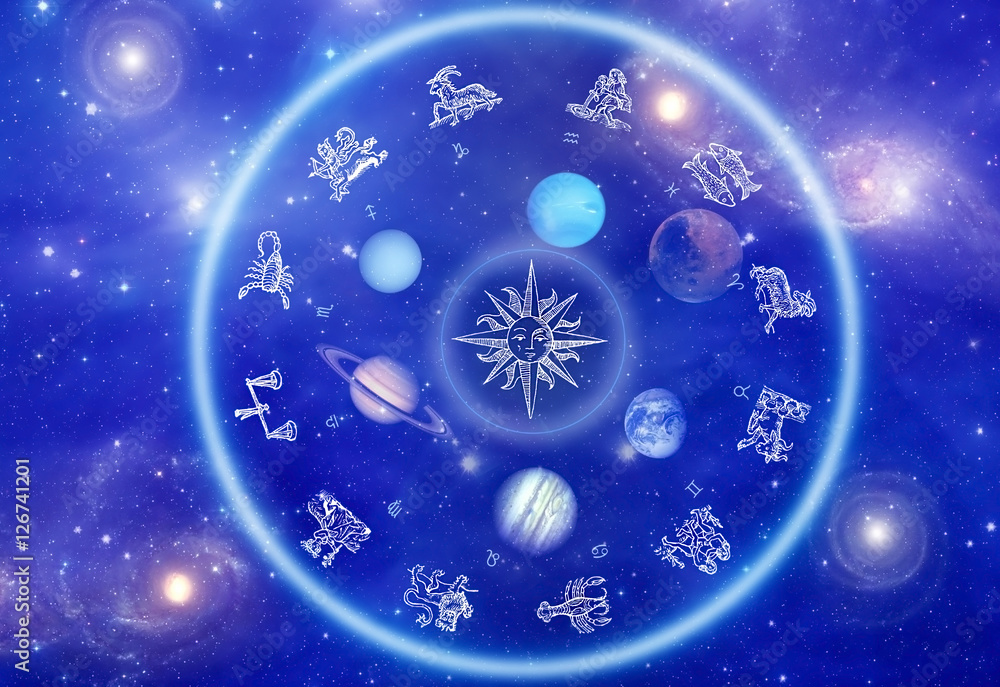 Zodiac signs with sun symbol and planets like a concept for sun ...