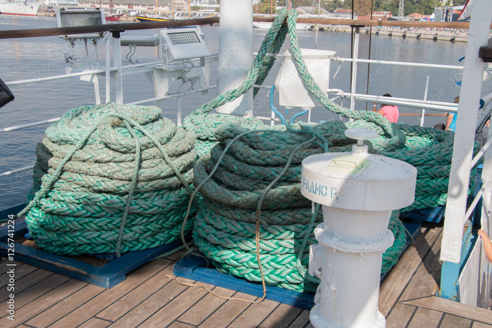Detail of Deck, pulley block and ropes, rigging on a tall ship, sail ...