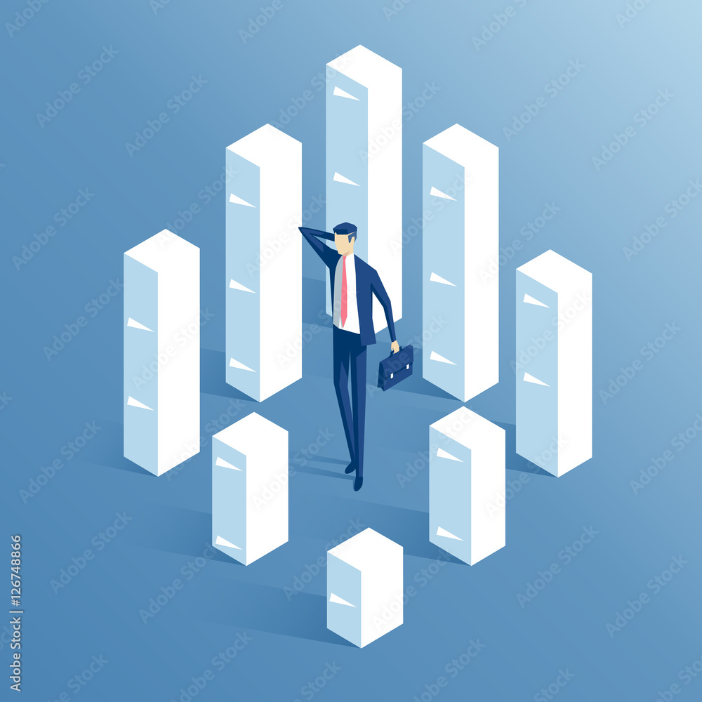 confused businessman standing in large stacks of paper isometric ...