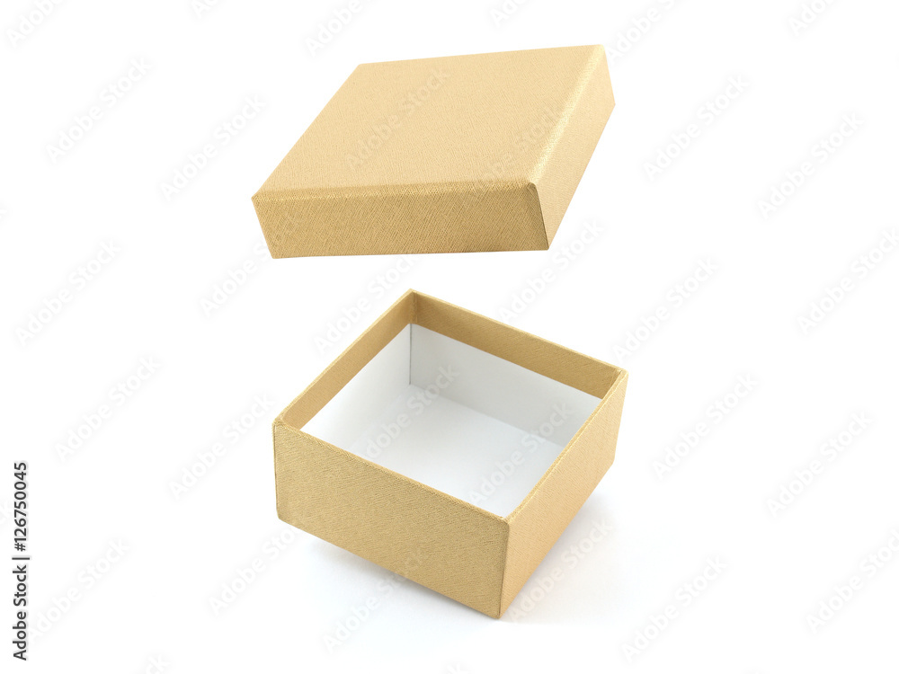 empty open luxury gold gift box isolated on white (lid floating in the ...