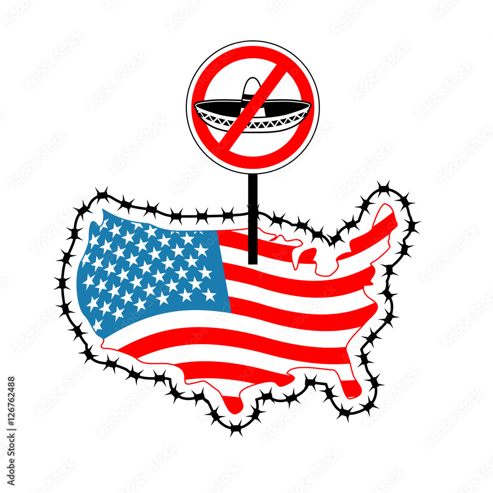 US closes border with Mexico. Stop sombrero. Map of America with Stock ...