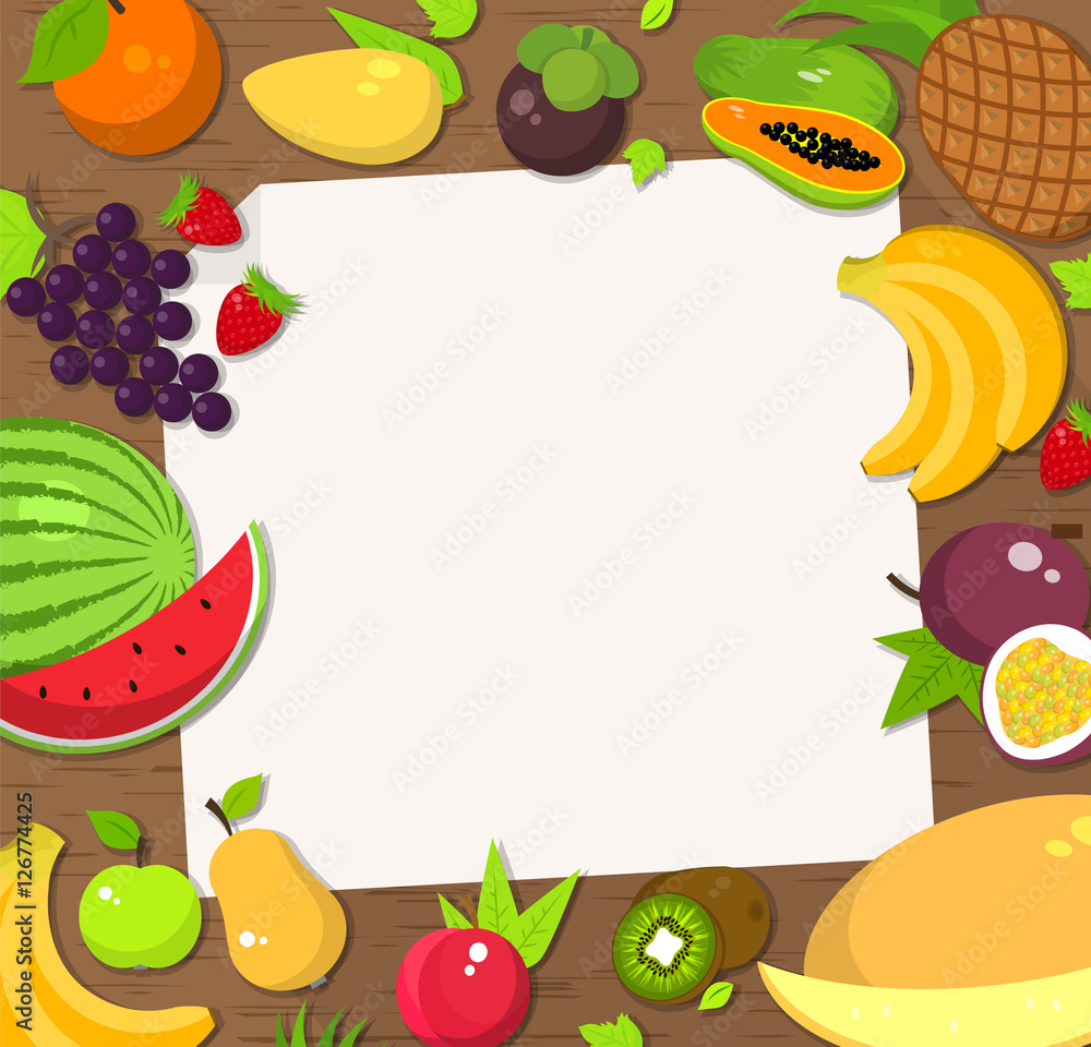 Fresh fruit frame background. Bright colored products. Card and ...