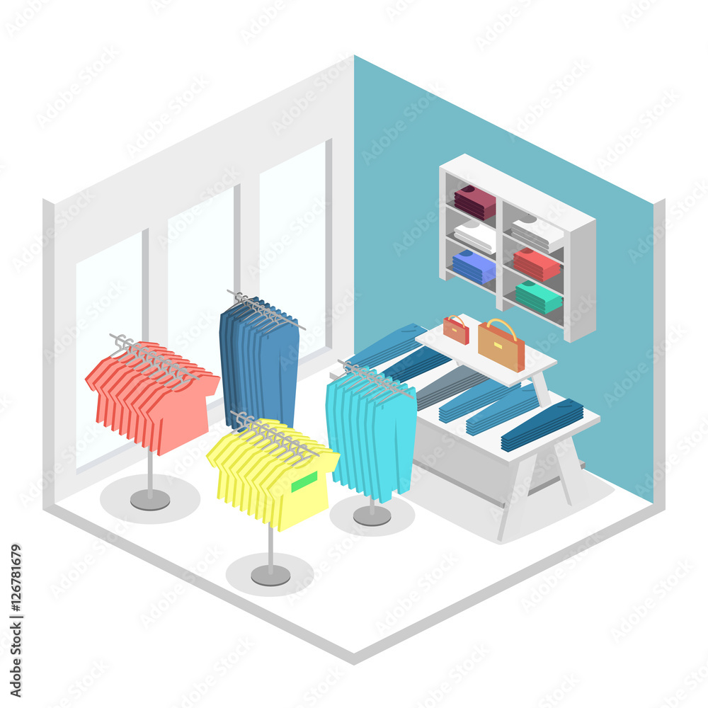 Isometric infographic flat 3D vector interior of clothing store inside ...