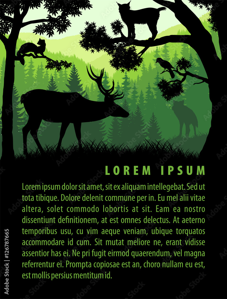 vector forest background design template with mountains and animals ...