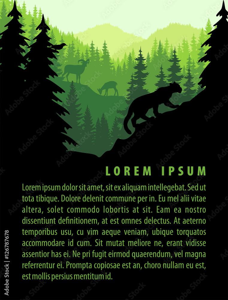 vector forest background design template with mountains and animals ...