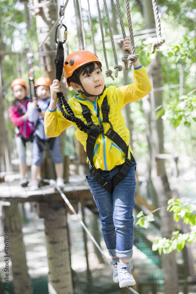 Happy children playing in tree top adventure park Stock Photo | Adobe Stock