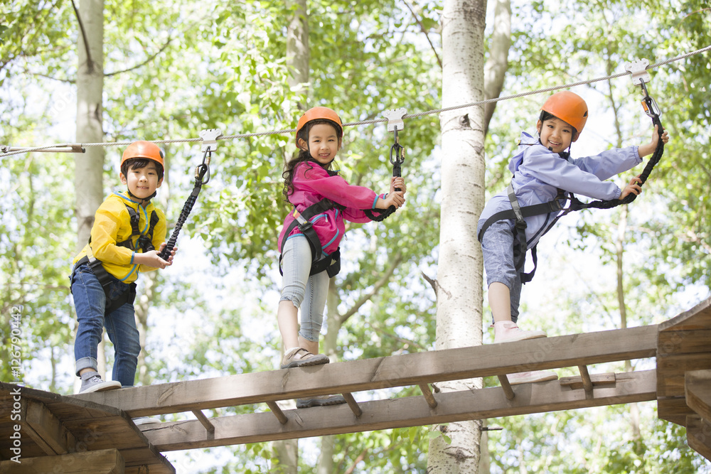 Happy children playing in tree top adventure park Stock Photo | Adobe Stock