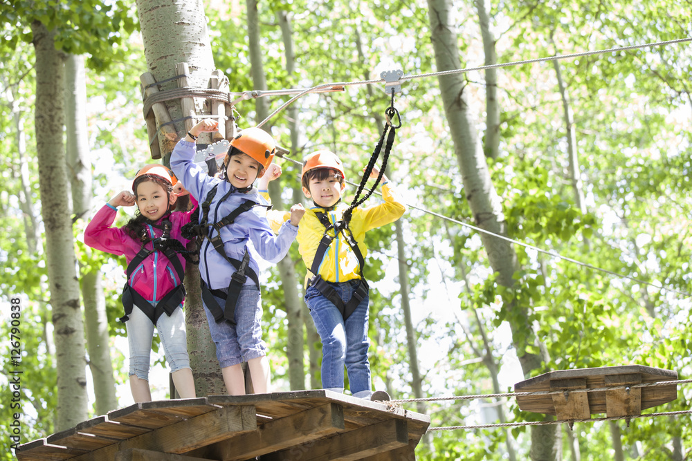 Happy children playing in tree top adventure park Stock Photo | Adobe Stock